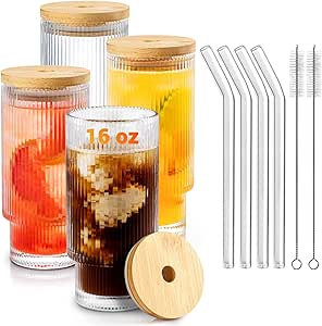 Amazon.com | Gracenal Glass Cups with Lids and Straws 4Pcs Set, 16oz ...