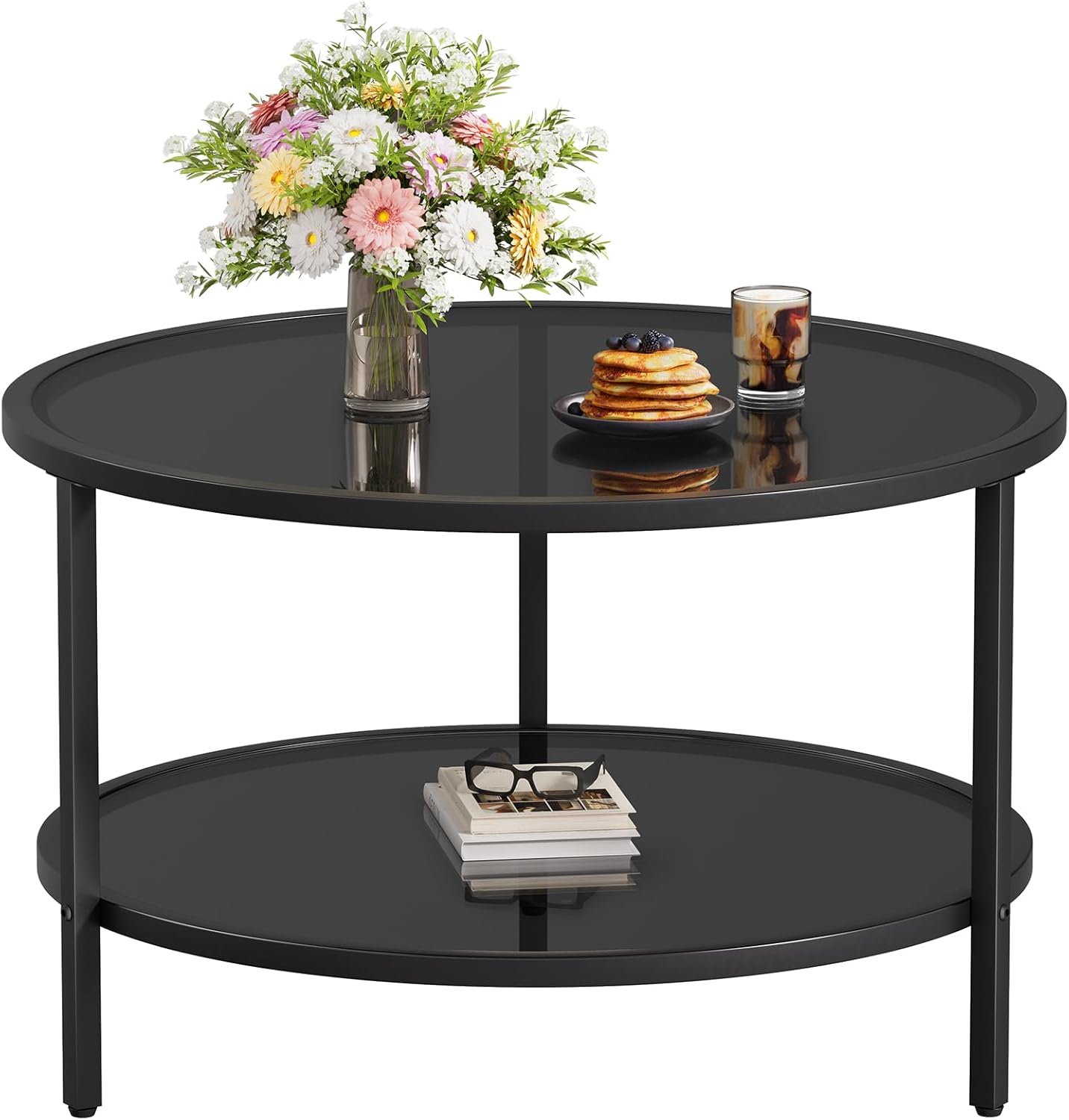 Amazon.com: SAYGOER 27.6'' Round Coffee Table 2 Tier Black Glass Coffee ...