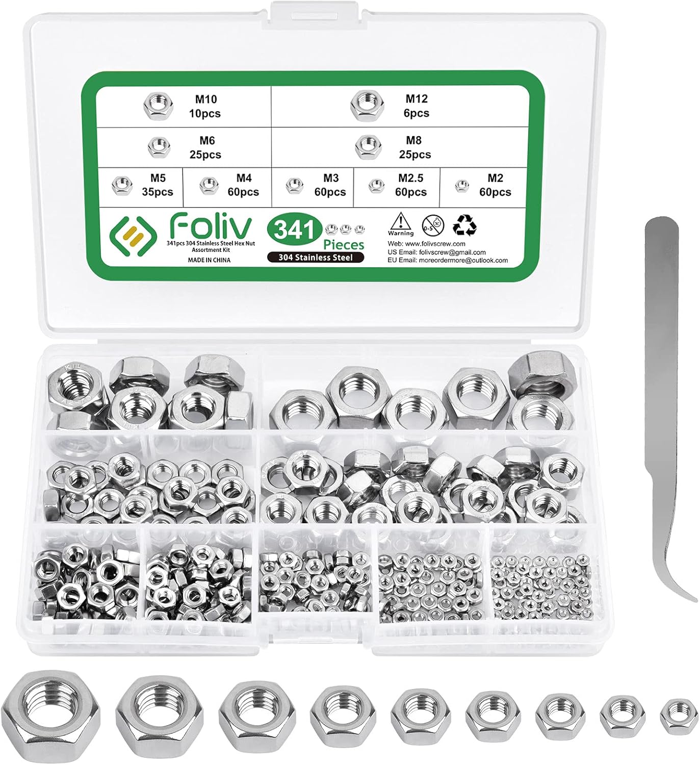 Foliv 341 piece nut set, hexagon nut M2, M2.5, M3, M4, M5, M6, M8, M10 ...