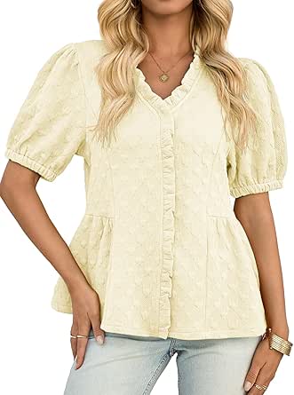 Cicy Bell Womens Peplum Puff Sleeve Tops Dressy Casual Summer Textured ...