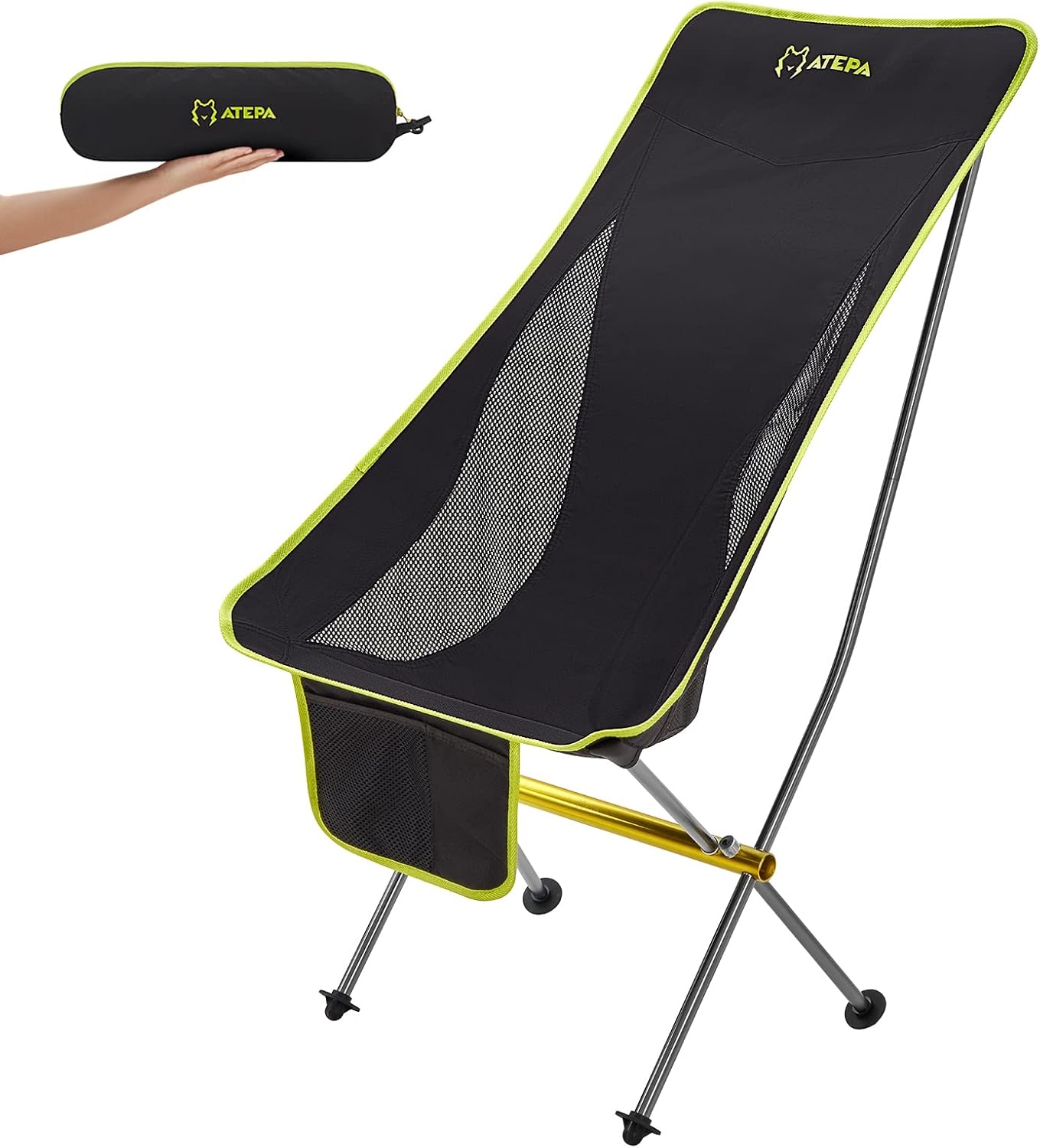ATEPA Silla de camping ultraligera, ligera, con respaldo alto, plegable, con bolsillo y bolsa de ...