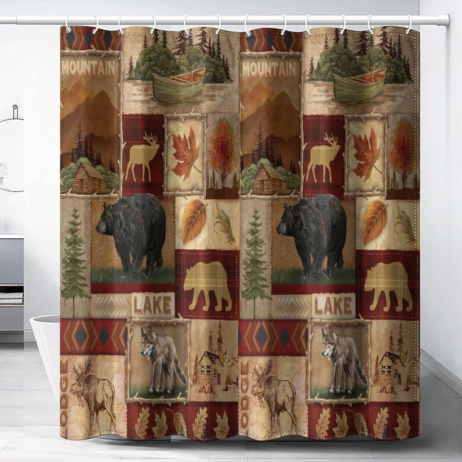 Amazon.com: Rustic Cabin Shower Curtain, Bear Moose Lodge Woodland ...