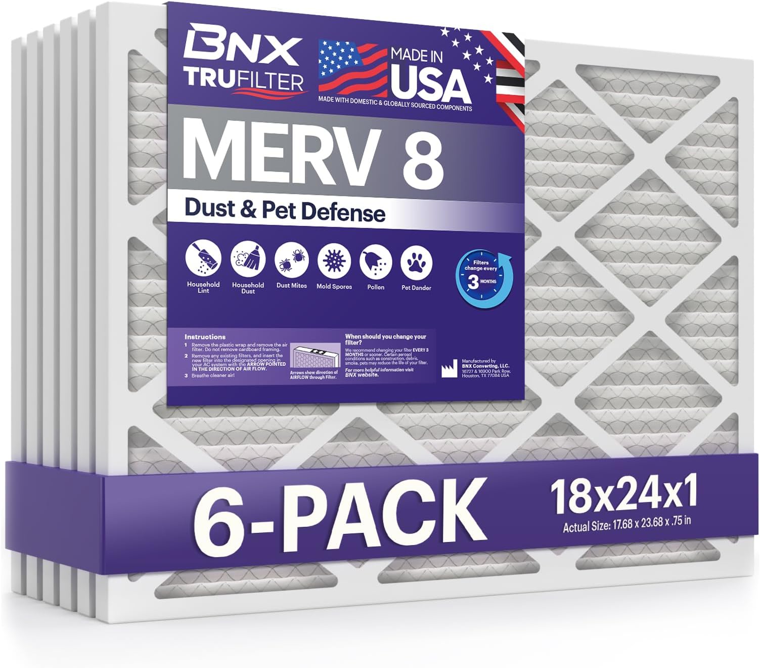 Aerostar 18x24x1 MERV 8 Pleated Air Filter, AC Furnace Air Filter, 6 ...