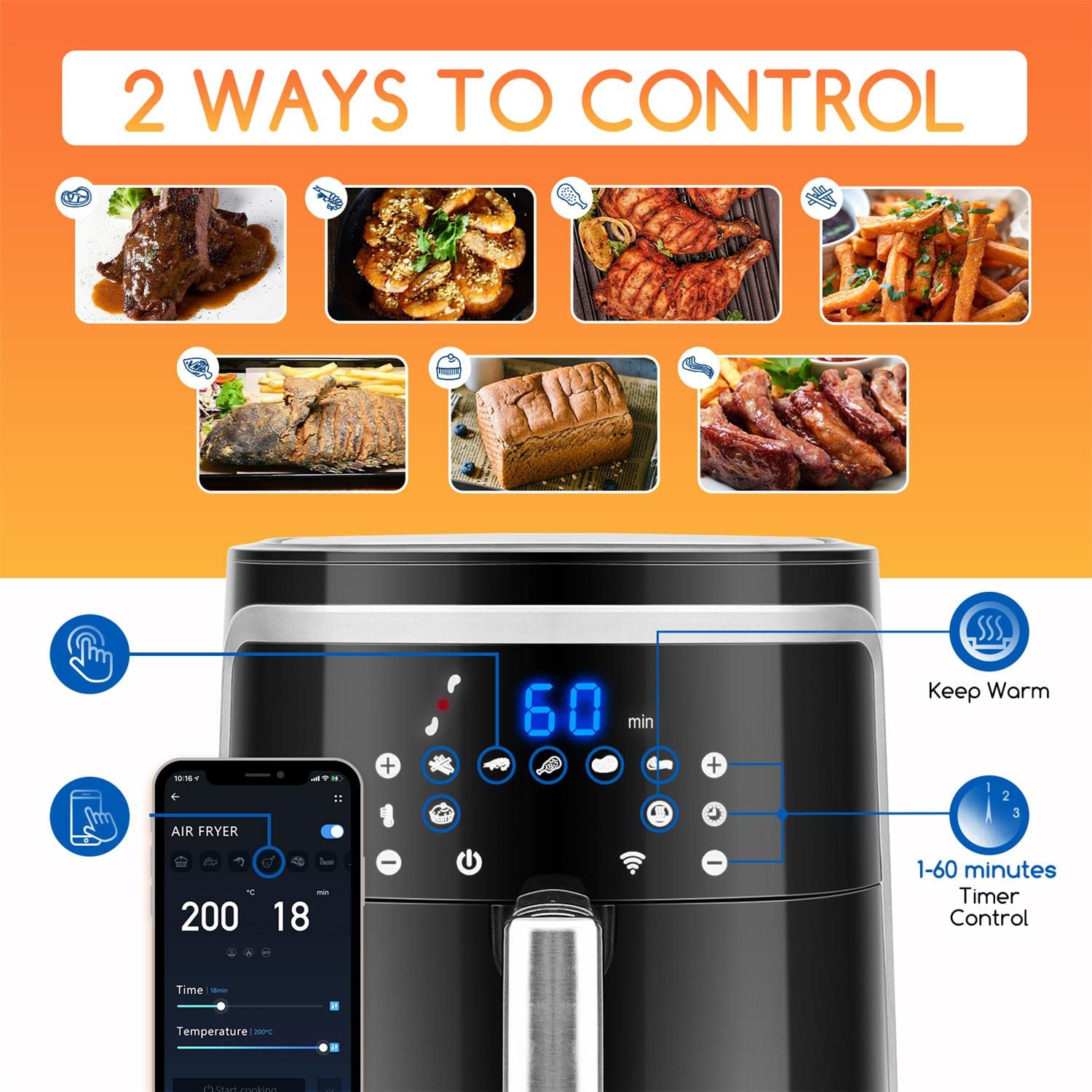 Buy Aigostar 1900W Smart WiFi Air Fryer, 7L Large Chip Fryers for Home ...