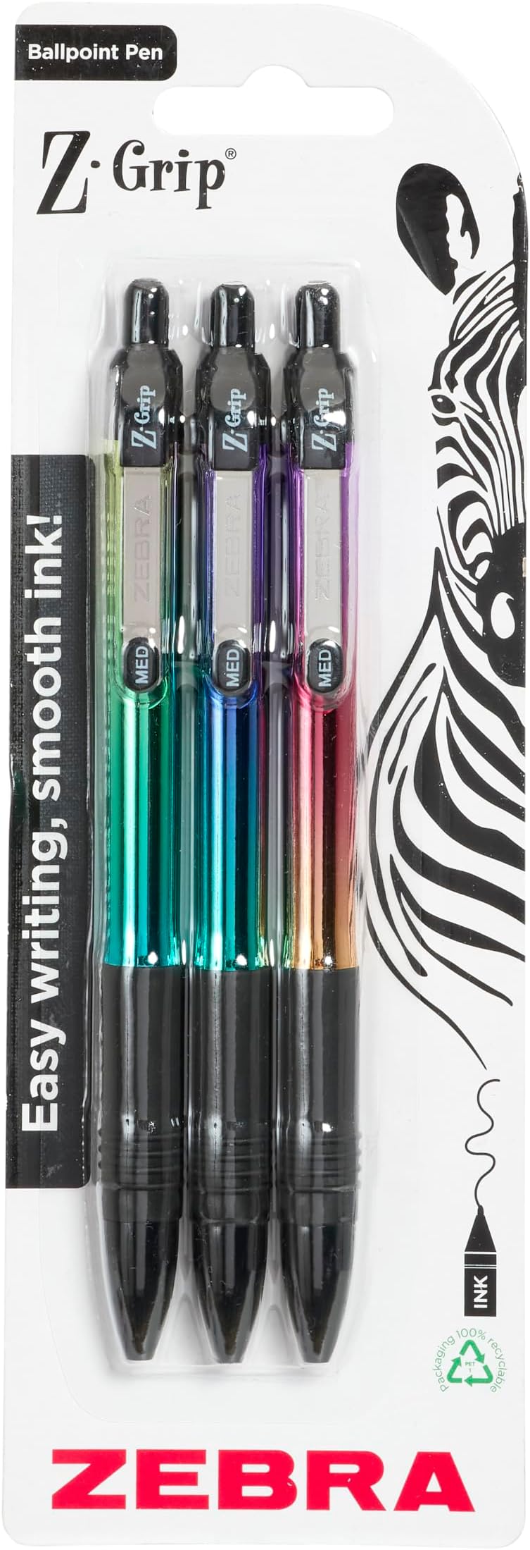 Zebra Pen Z-GRIP Smooth Elegance Metallic Ballpoint Pens 3pk – Black ...
