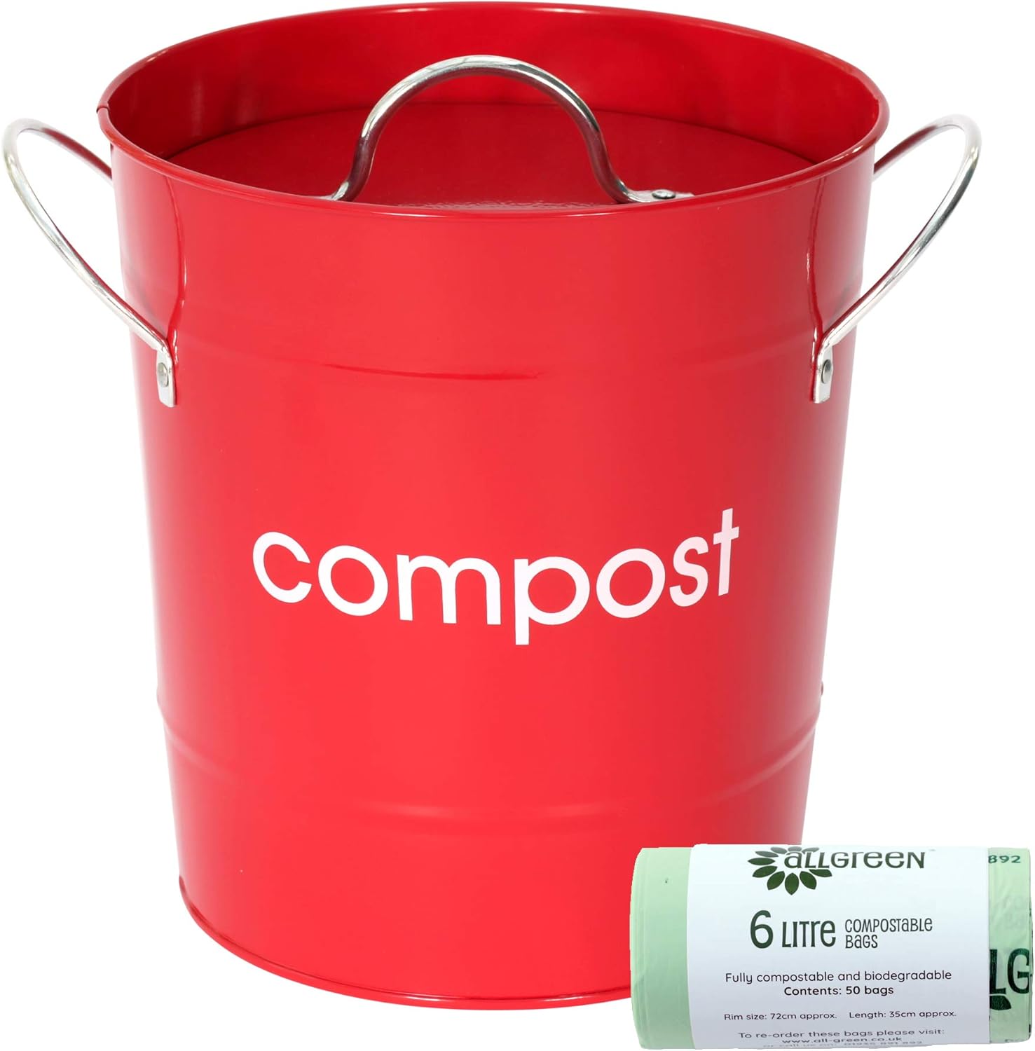 Red Kitchen Compost Caddy & 50x All-Green Compostable Bags - Composting ...