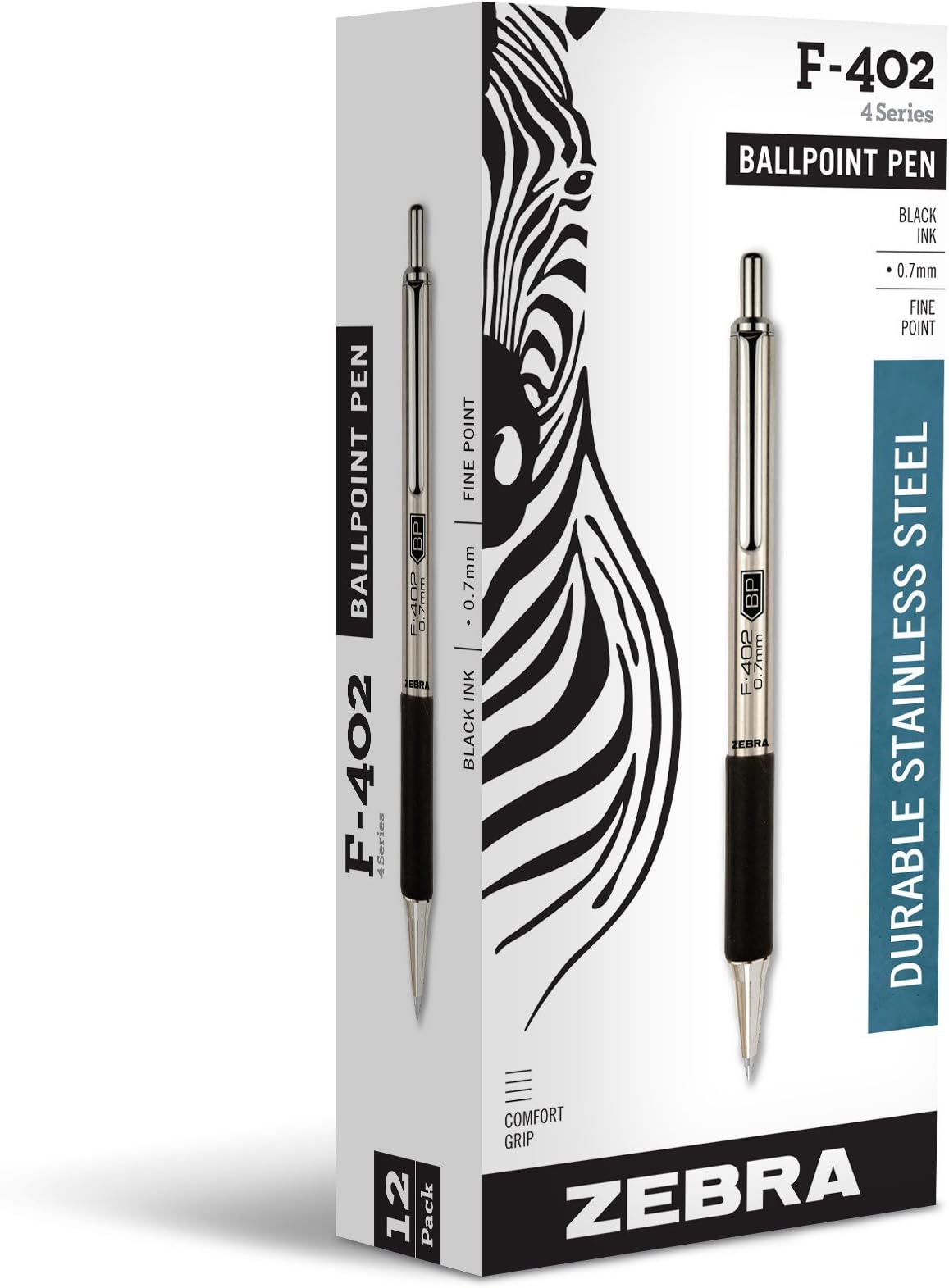 Zebra F-402 Stainless Steel Retractable Ballpoint Pen, 0.7mm, Black, 12 ...