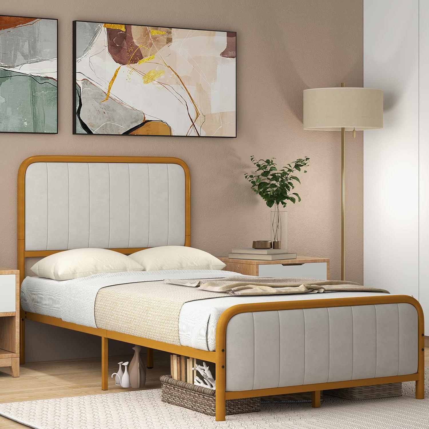 Giantex Twin Size Gold Bed Frame with Velvet Headboard & Footboard ...
