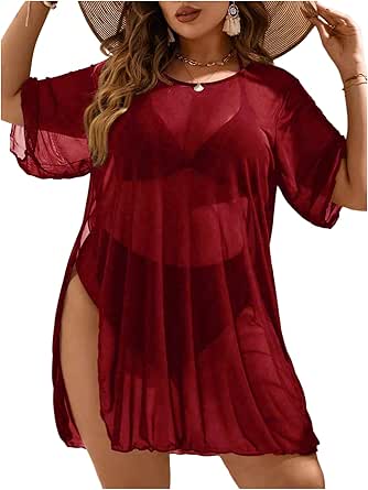 OYOANGLE Women's Plus Size Sheer Mesh Split Thigh Beach Cover Up Dress ...