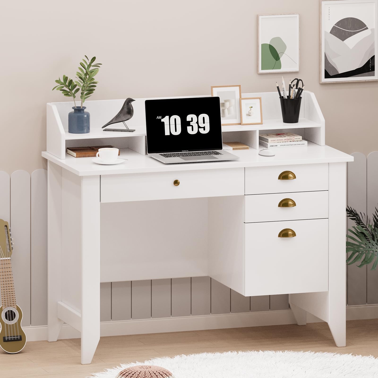 Amazon.com: 4 EVER WINNER White Desk with Drawers and Monitor Stand, 47 ...