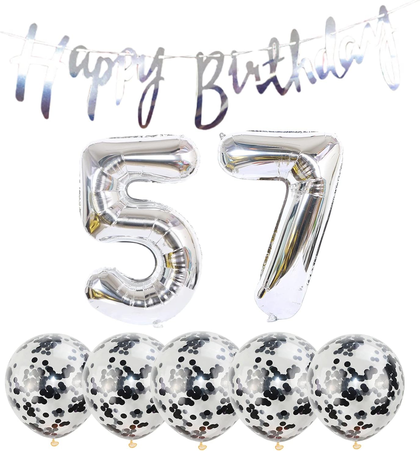 2 Luftballons Zahl 57 silber+5 Konfetti Luftballons+silber banner ...