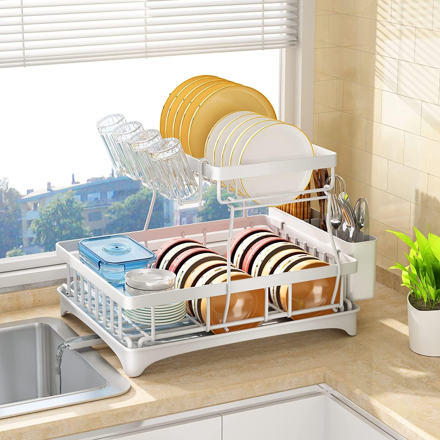 SENENQU Dish Drying Rack, White Dish Drainer Rack with Drip Tray, 2 ...