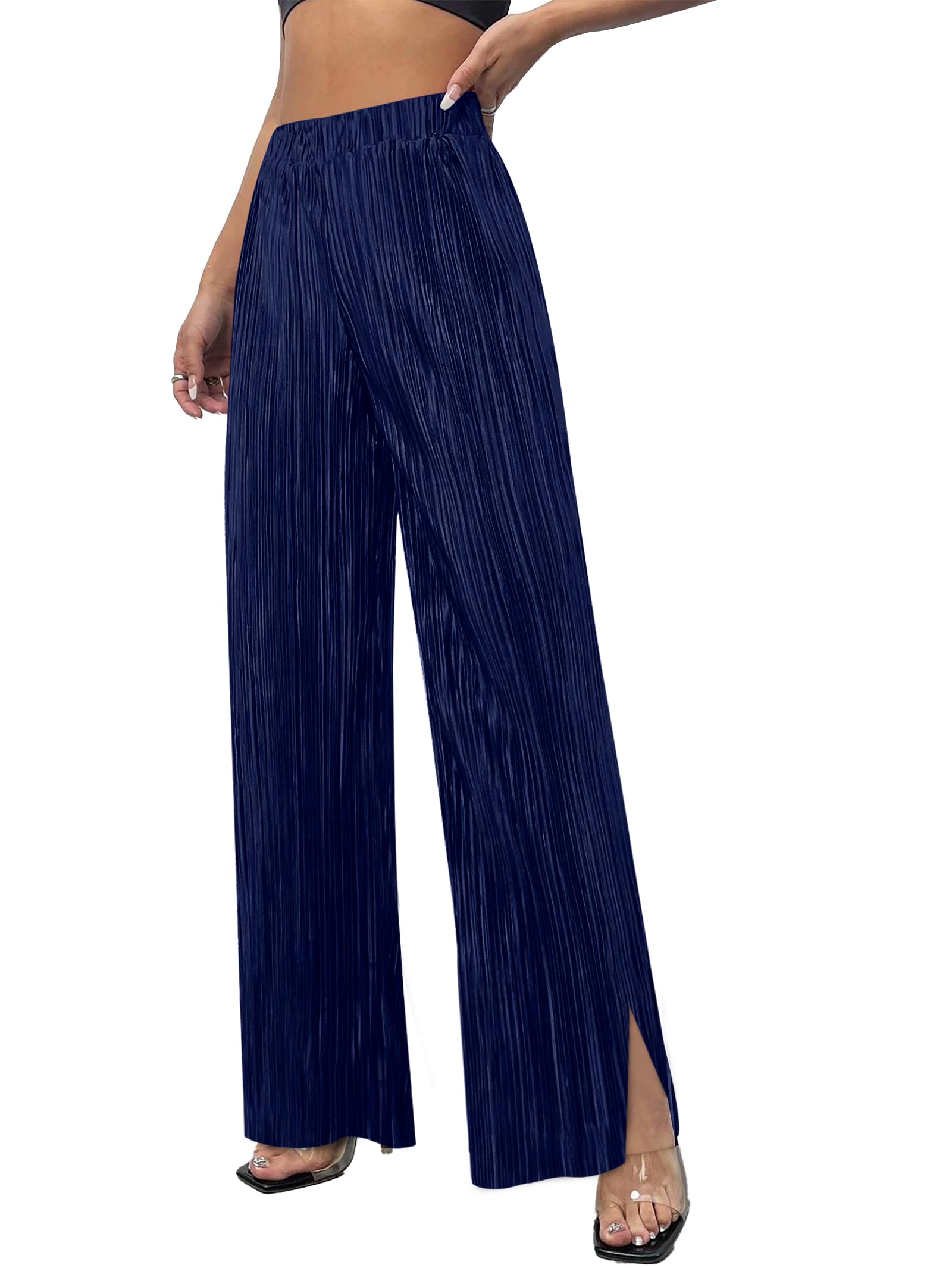Women's Wide Leg Pants Elastic High Waist Flowy Pleated Palazzo Dress ...