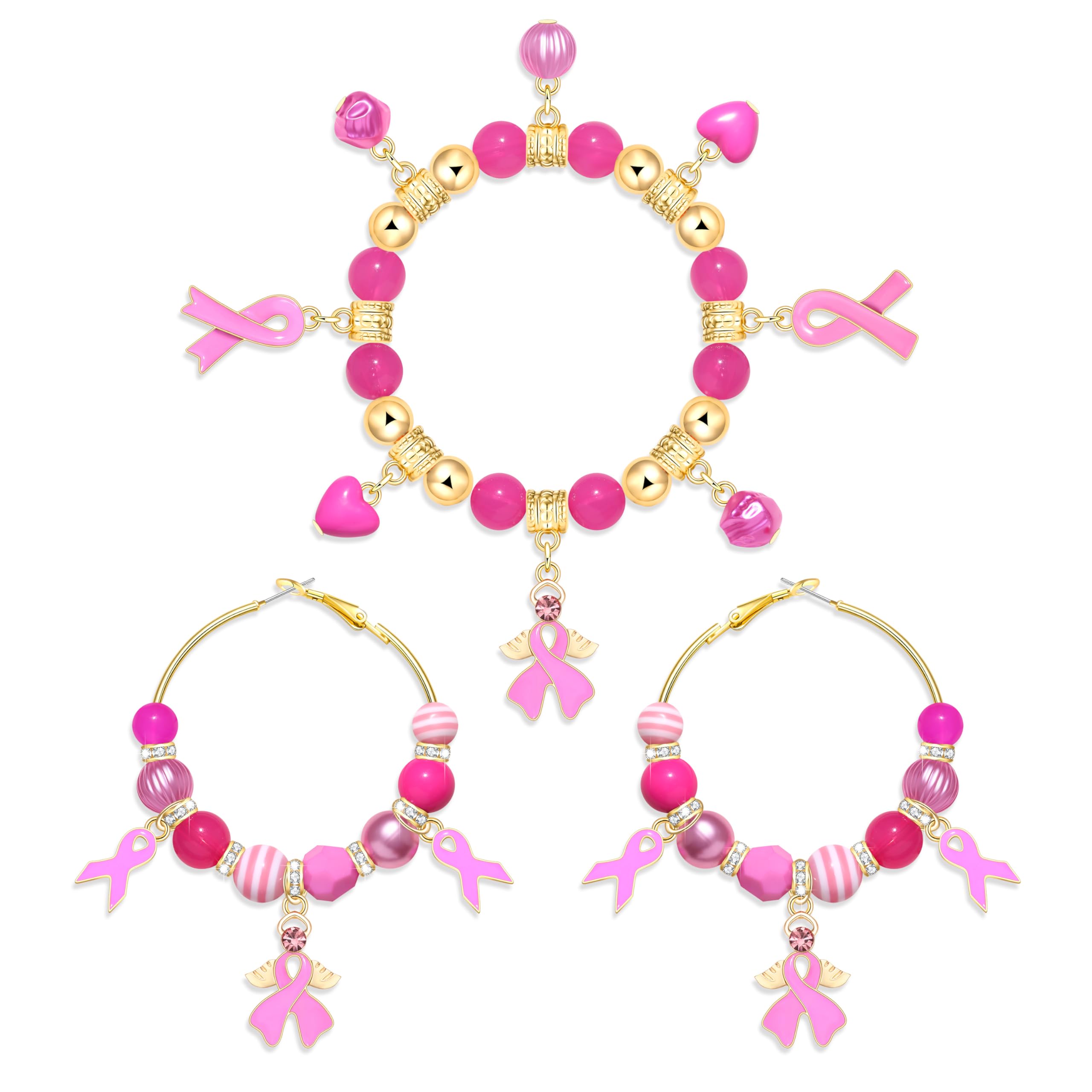 Amazon.com: FAERLIIRY Pink Ribbon Bracelets Earrings Breast Cancer ...