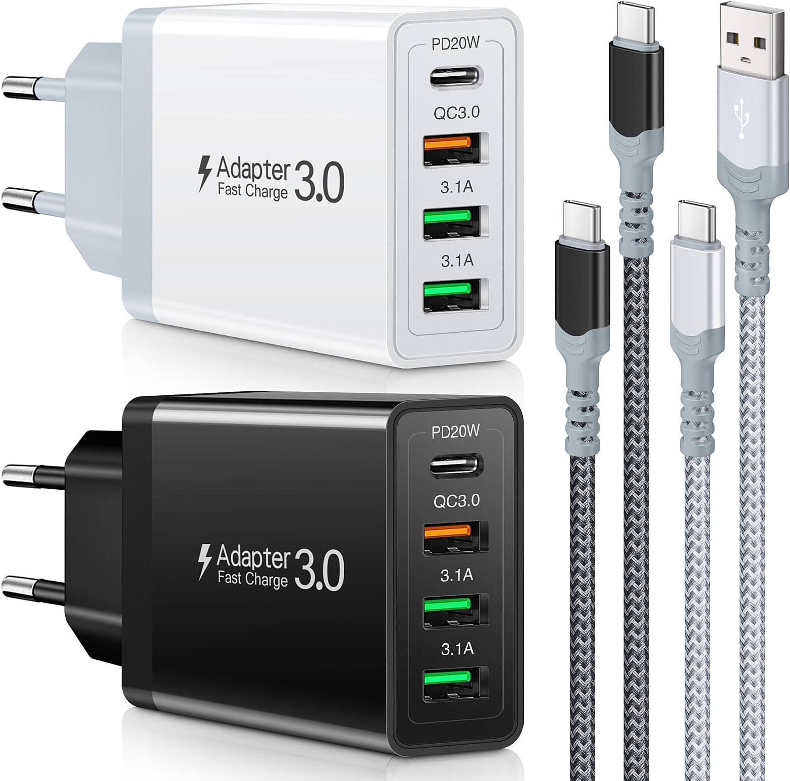 Chargeur USB-C 35W 4 Ports, Charge Rapide PD/QC 3.0 avec 2 Câbles 6,6 ...