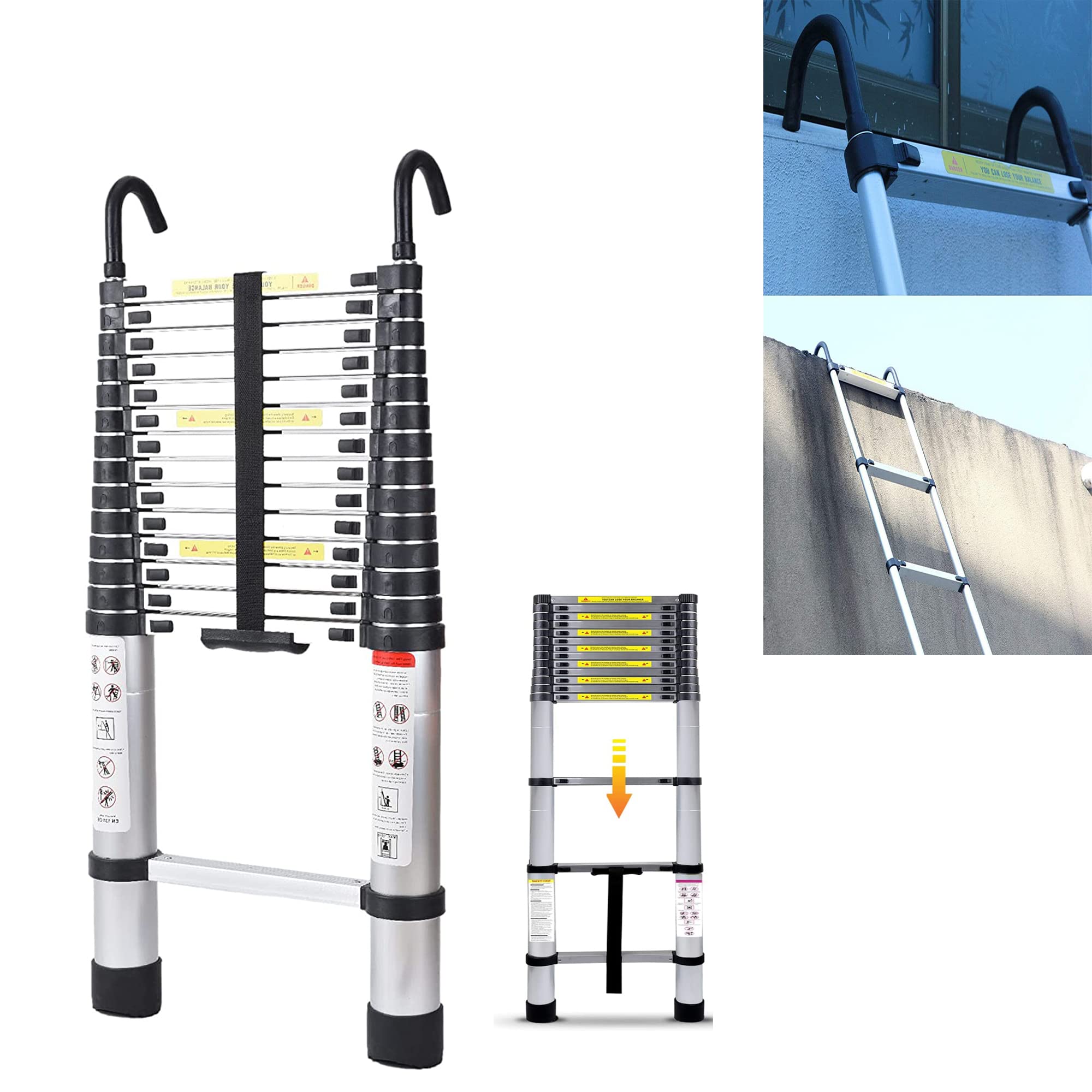 4.4M Telescopic Ladders with Hook Detachable 150kg Capacity Aluminium ...