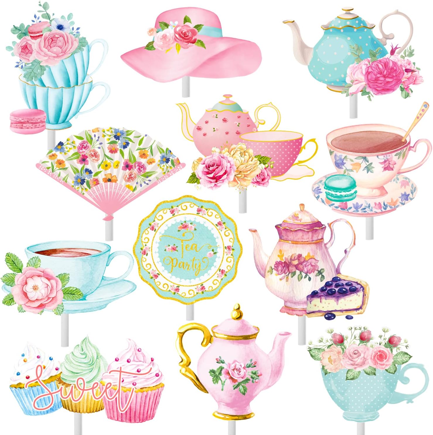 Amazon.com: 36Pcs Tea Party Cupcake Toppers Teapot Cupcake Toppers ...