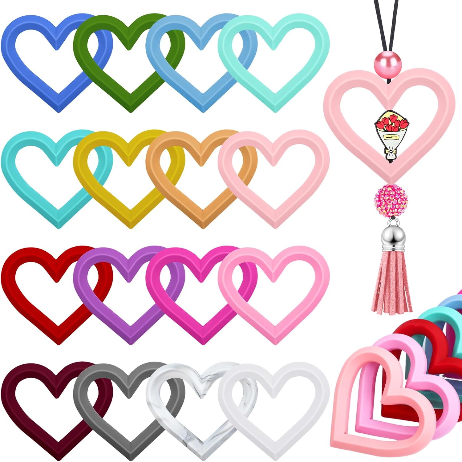 Amazon.com: Motionchic 16 Pcs Silicone Beadable Rings 65mm Heart ...