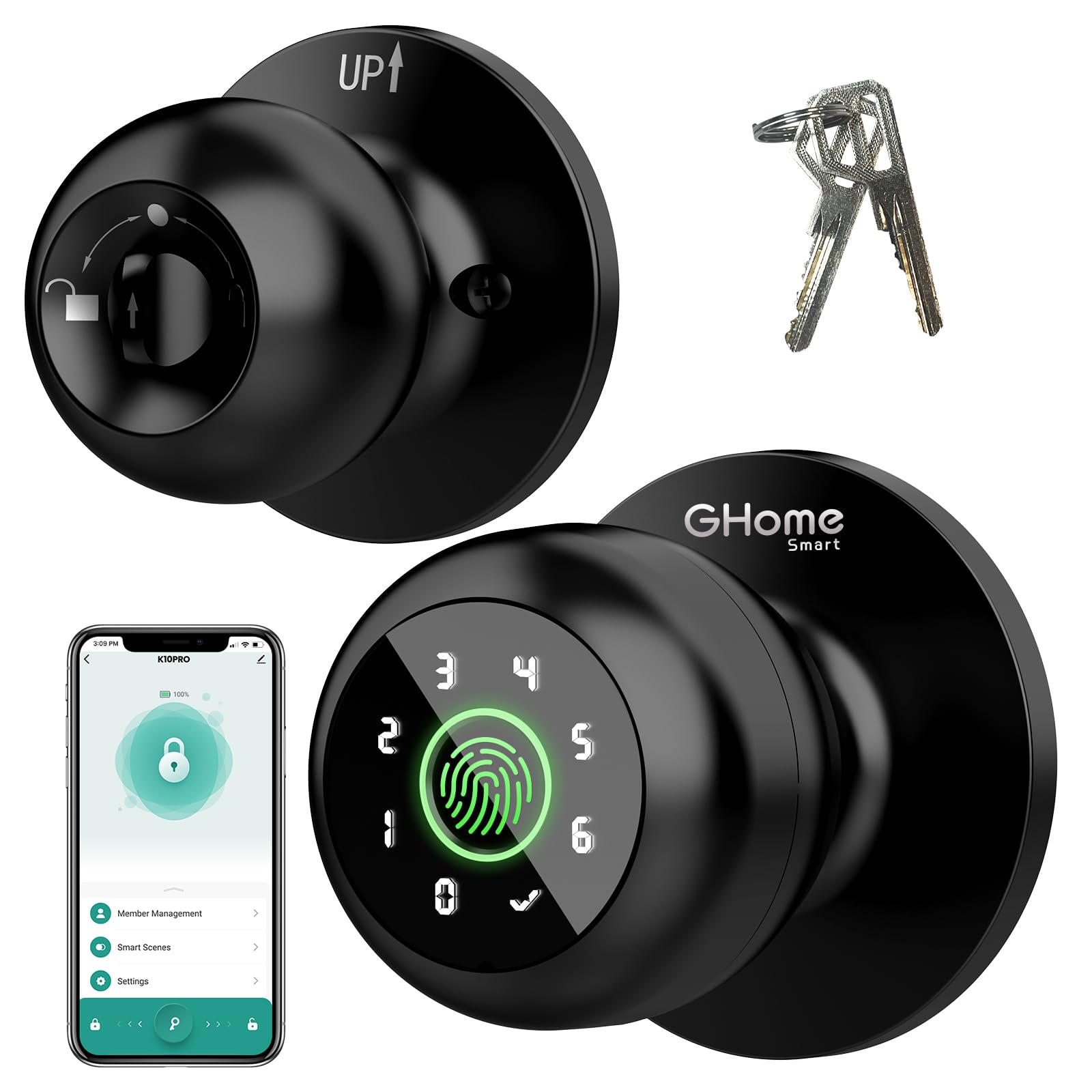 GHome Smart 4-in-1 Smart Door Knob Fingerprint Door Lock with Keypad ...