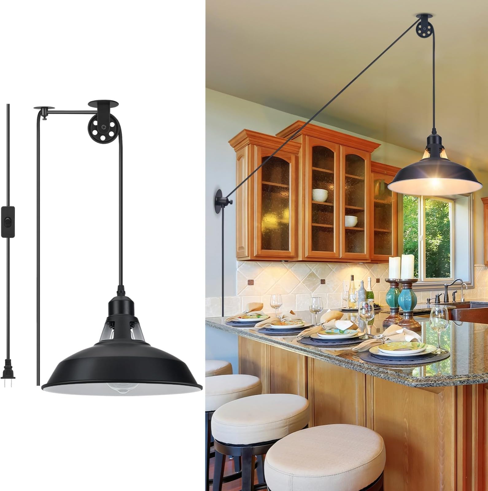 Lomoky Plug in Pulley Pendant Light with 14.76ft Cord On/Off Switch ...