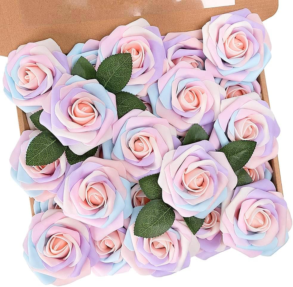 N&T NIETING Artificial Flowers Roses, 25pcs Real Touch Rainbow Foam ...