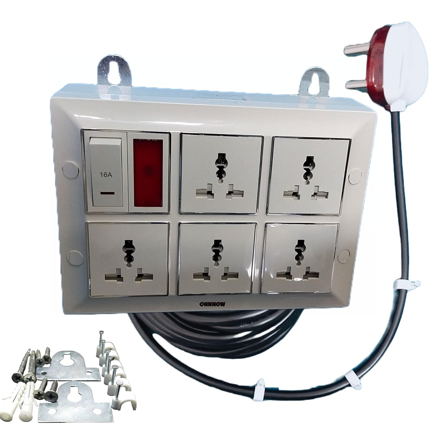 Electric Extension Board with Wall Fixing Clamp 6/16 Amps,Switch Multi ...