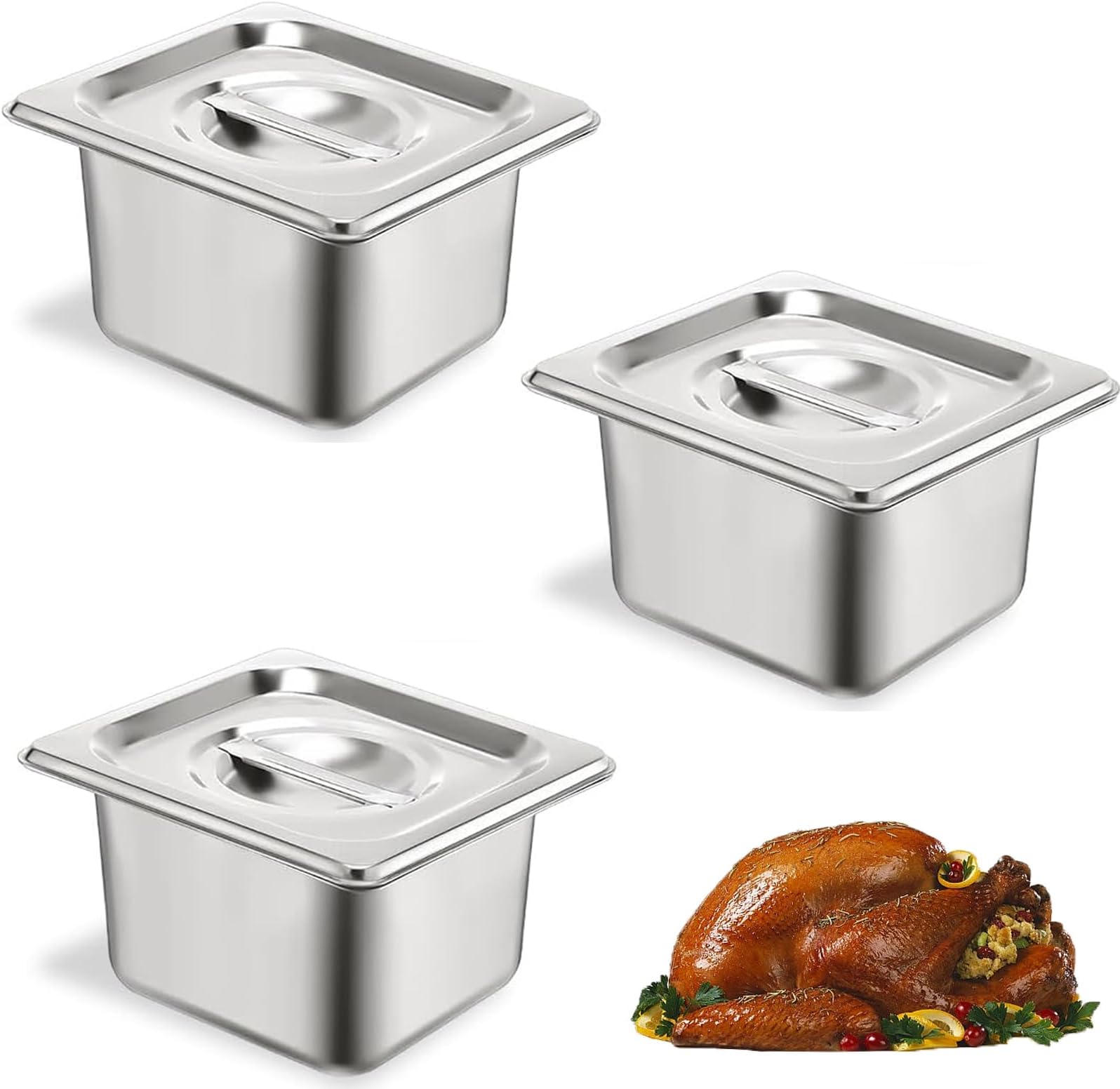 ORFCP 3 contenitori in acciaio inox 1/6 con coperchio, 100 mm di ...