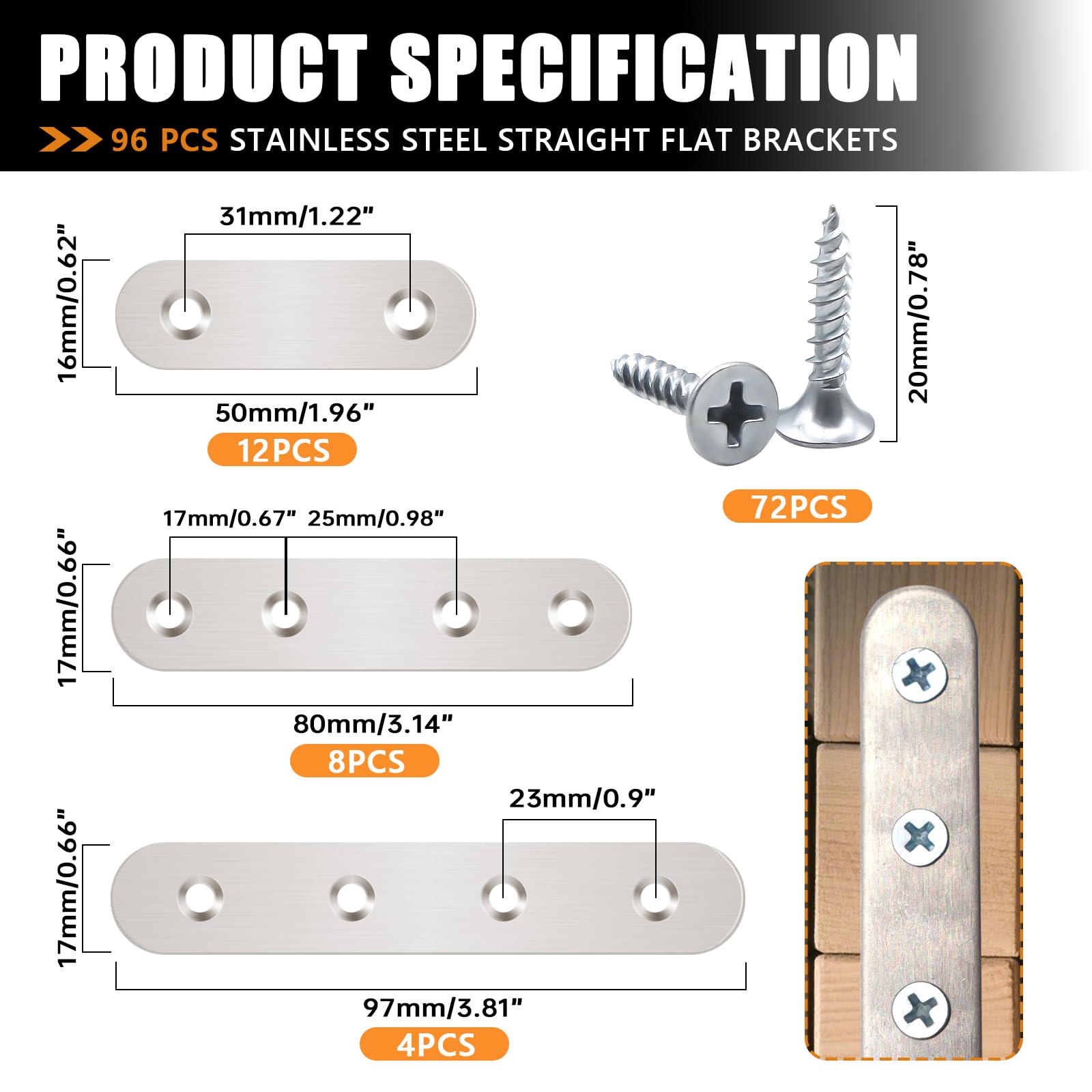 Snapklik.com : Mankk 96PCS Flat Metal Brackets Mending Plate Stainless ...