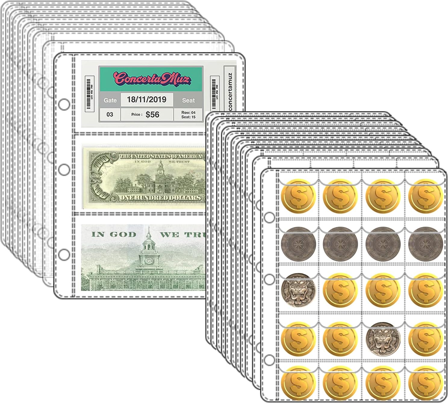 Amazon.com : 15 Sheets 3-Pocket Binder Currency Sleeves for Bill Binder ...