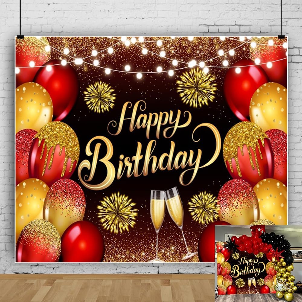 Amazon.com : Red Birthday Backdrop 10x8ft Red and Gold Happy Birthday ...