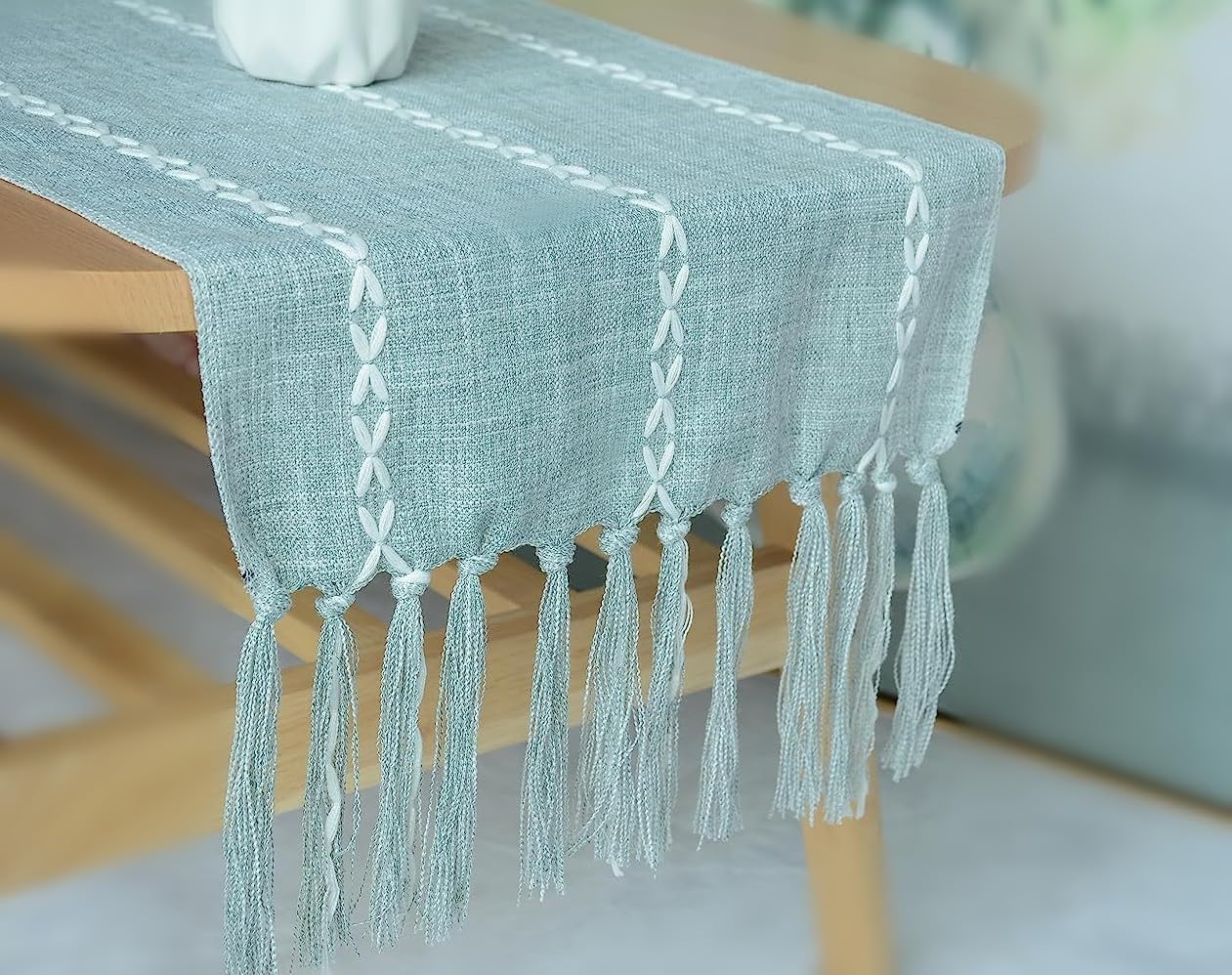 Amazon.com: ZJZC Art Dusty Blue Long Table Runner 72 inches with Tassel ...