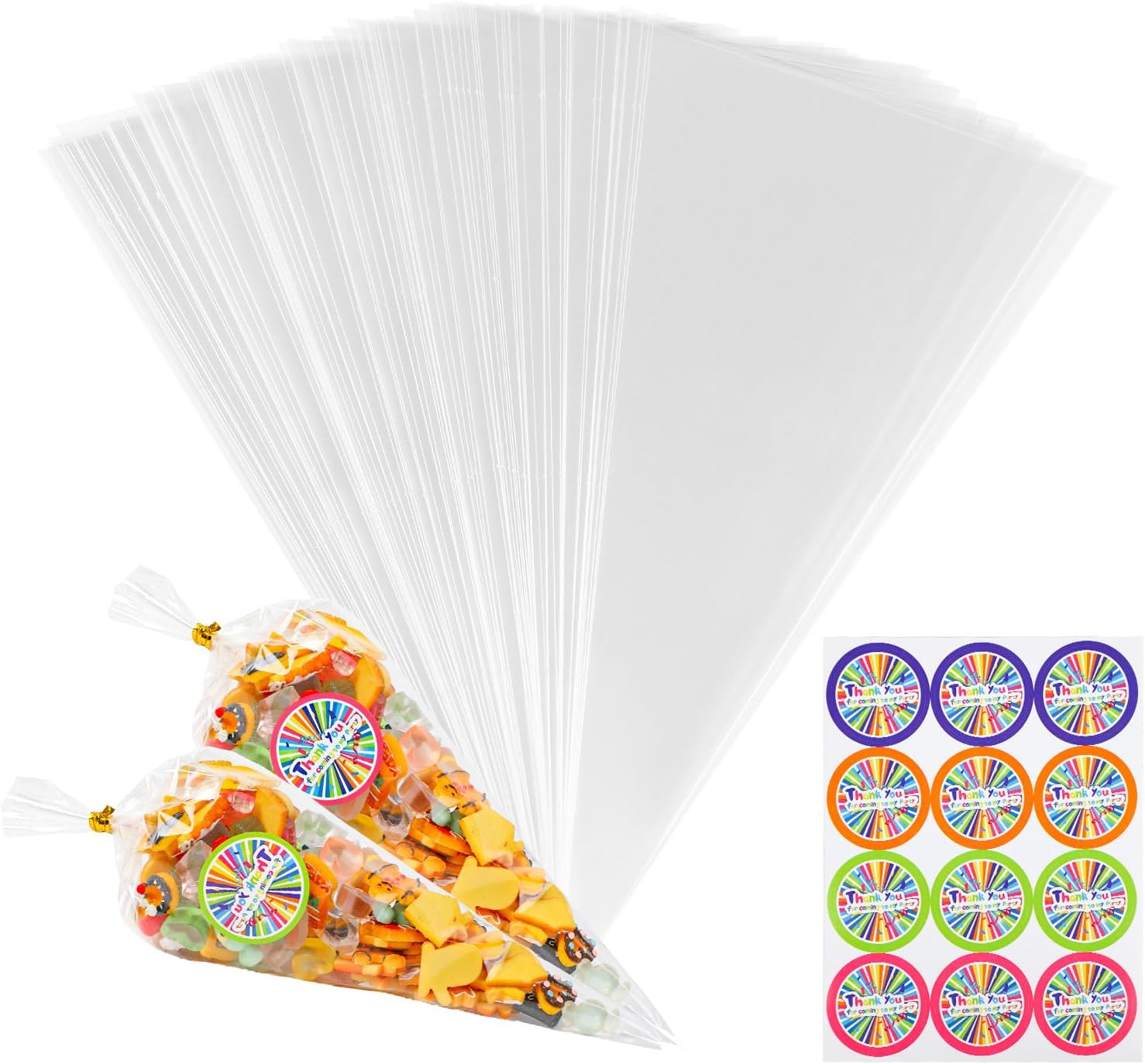 VEYLIN Cellophane Sweets Cone Bags, 100 Pieces Clear Cone Bags with150 ...