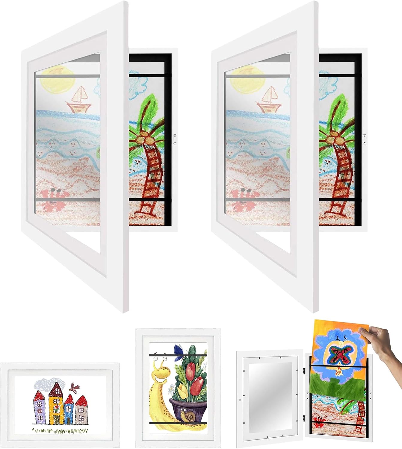 Pack of 2 Art Photo Frames for Children, A4 Hinged Wooden Picture Frame ...