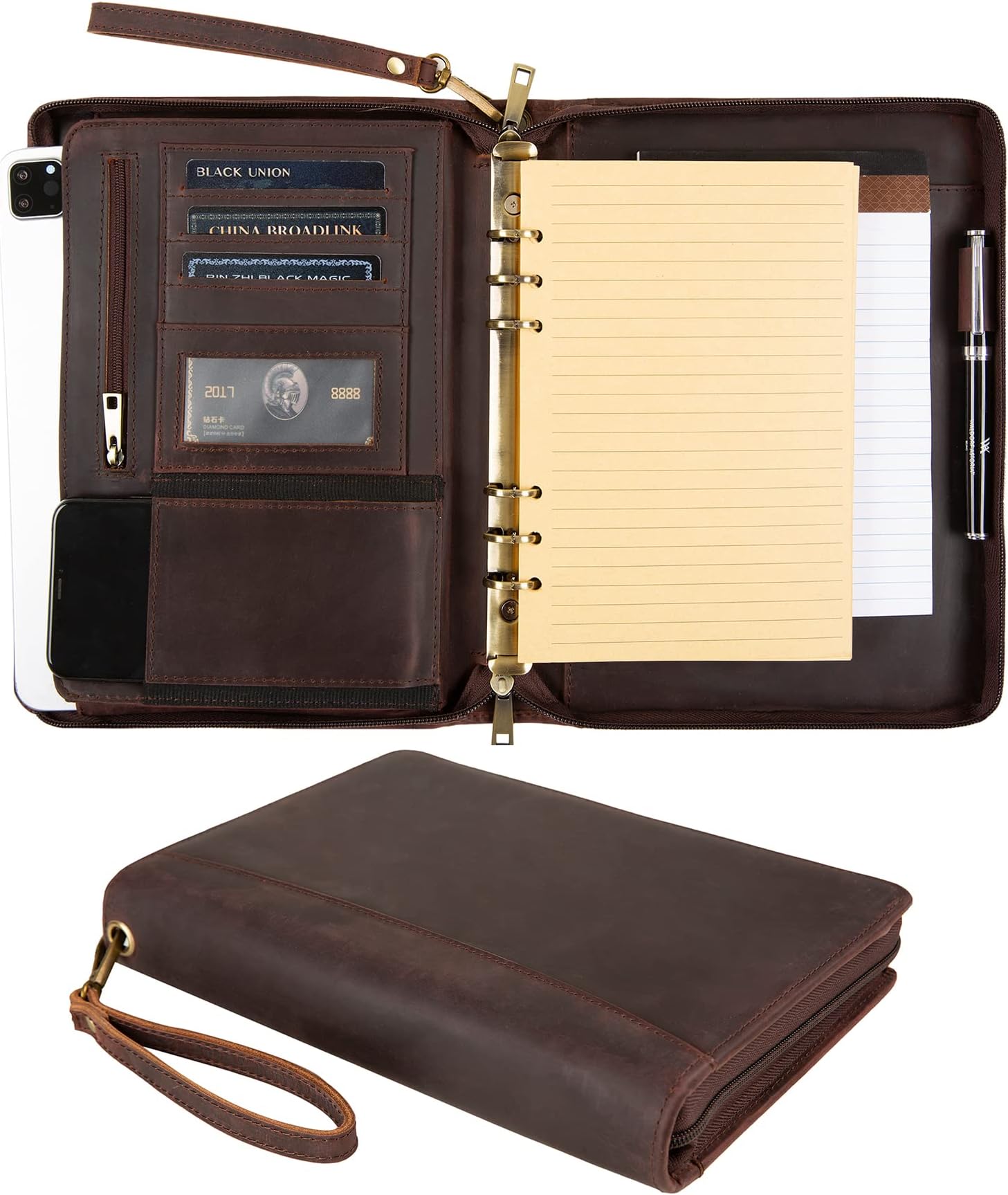 Amazon.com: GZRHKJ A5 Genuine Leather Portfolio Notebook Binder, 6 Ring ...