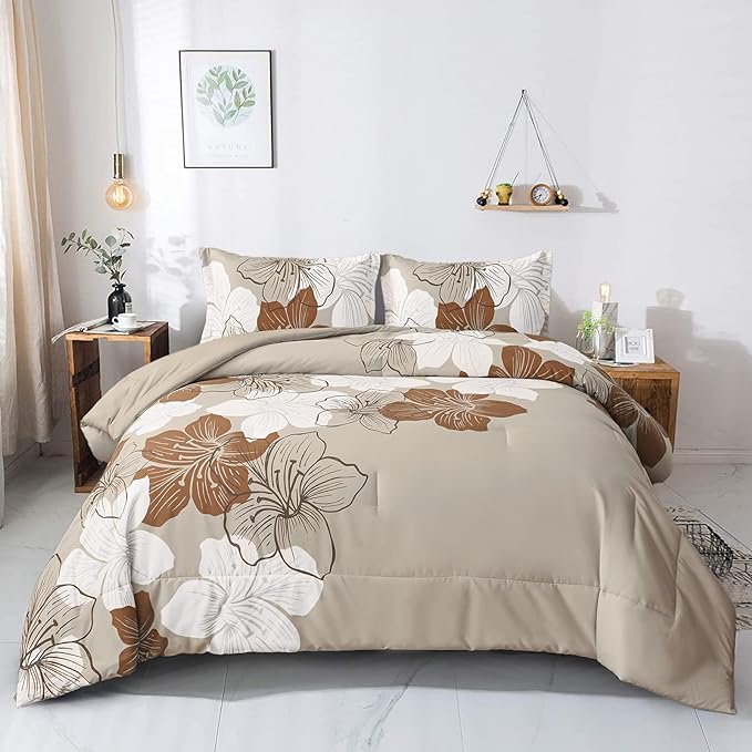 Menghomeus Brown Comforter Set Queen Taupe Floral Comforter Khaki ...