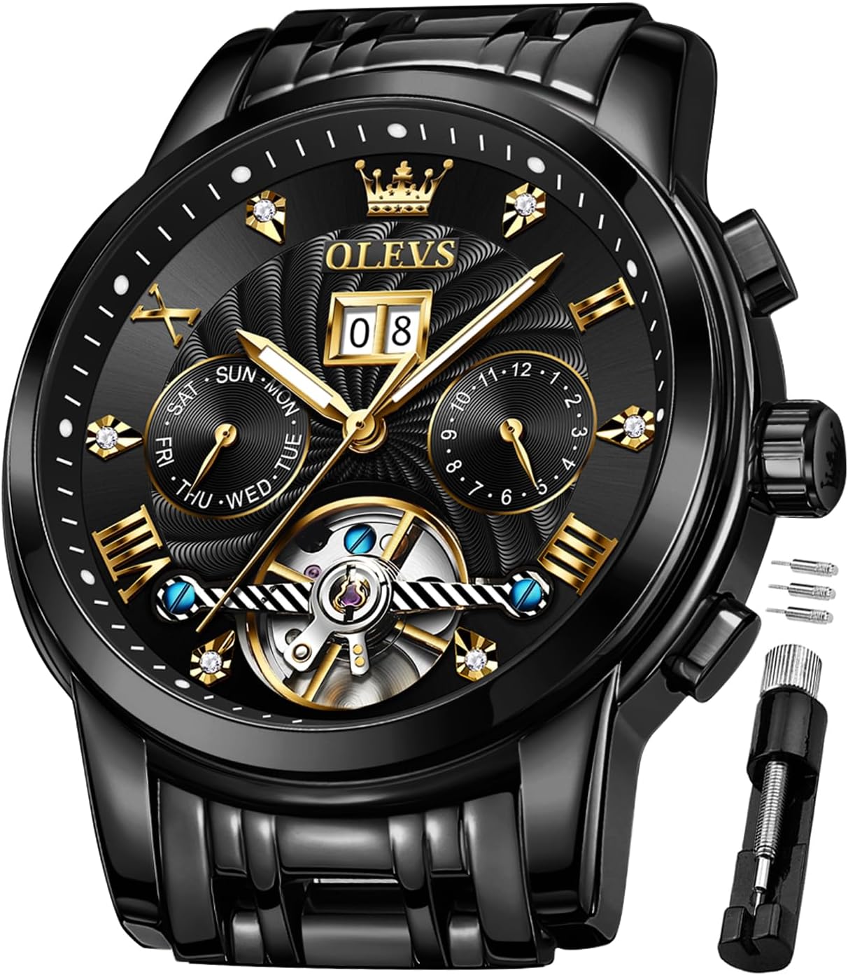 OLEVS Reloj Automático para Hombres Esqueleto Mecánico Negocios Diamante Relojes Negros Clásico ...
