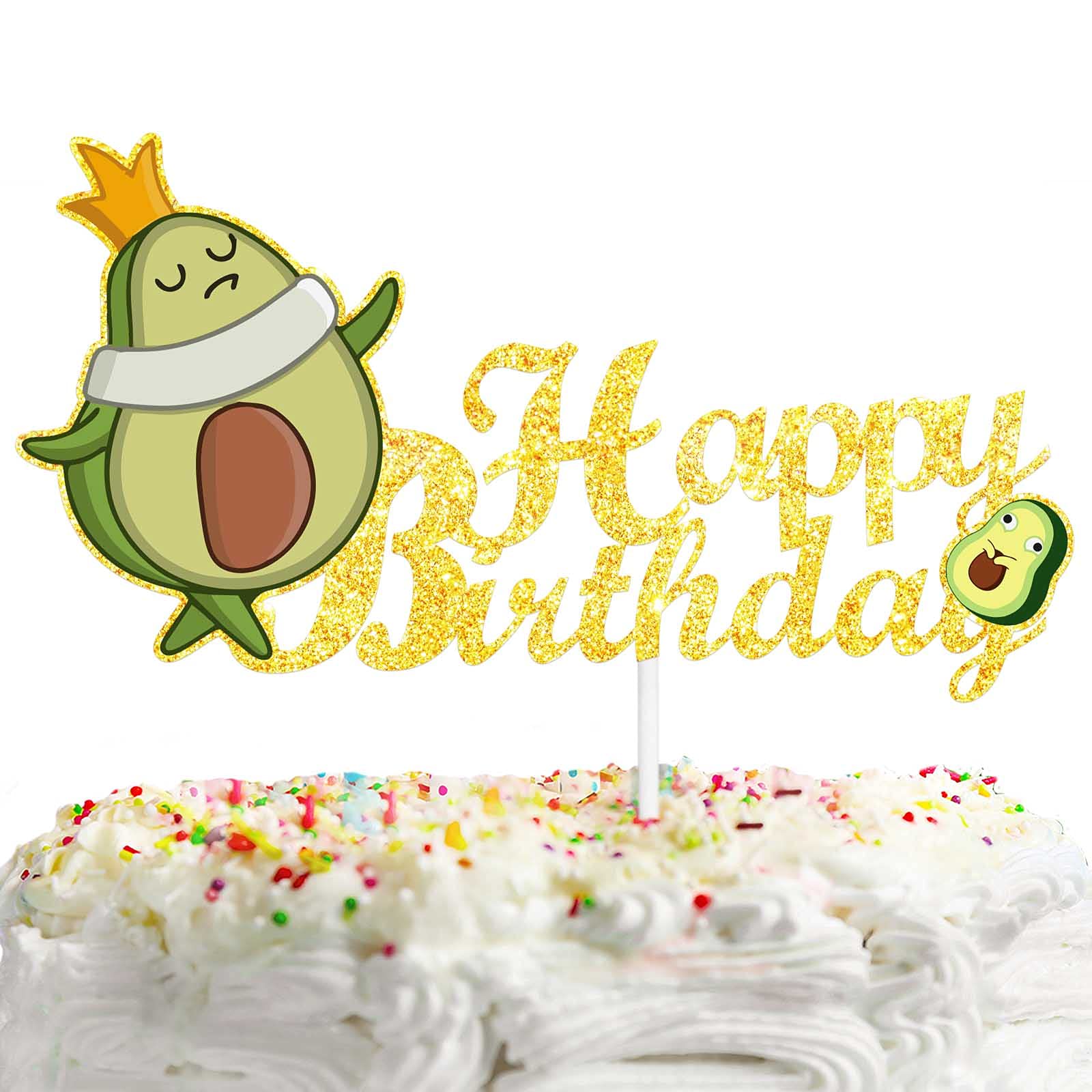 Gold Glitter Happy Birthday Cake Topper Avocado Cartoons Character ...