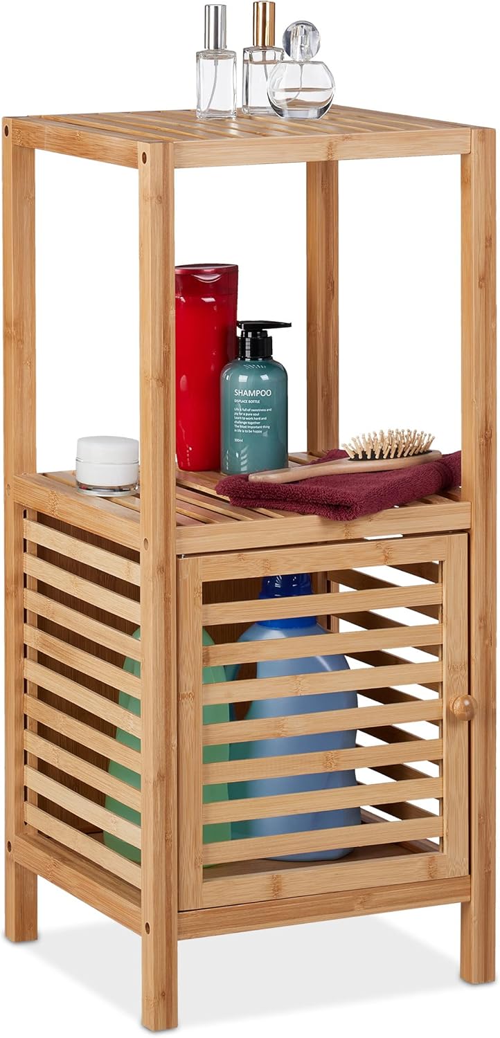 Relaxdays Badregal Bambus, mit Türfach, HBT: 80x35x35 cm, Badschrank ...