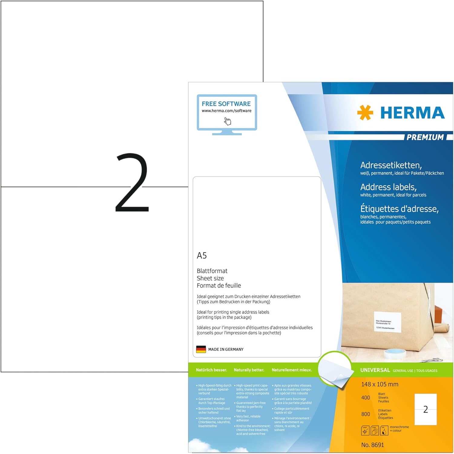 HERMA Self Adhesive Shipping Labels, 2 Labels per A5 Sheet, 400 Sheets ...