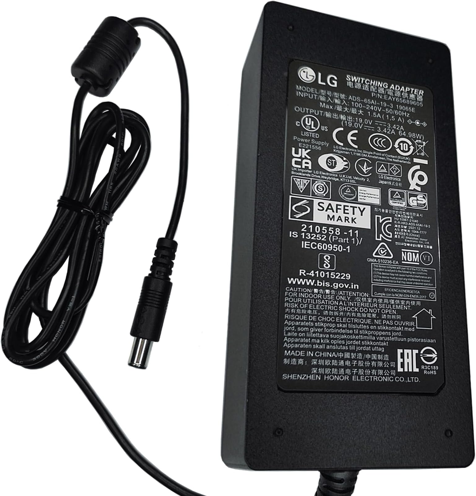 Amazon.com : Original LG 19V 3.42A UL AC/DC Adapter for 32" 34" 35" 31. ...