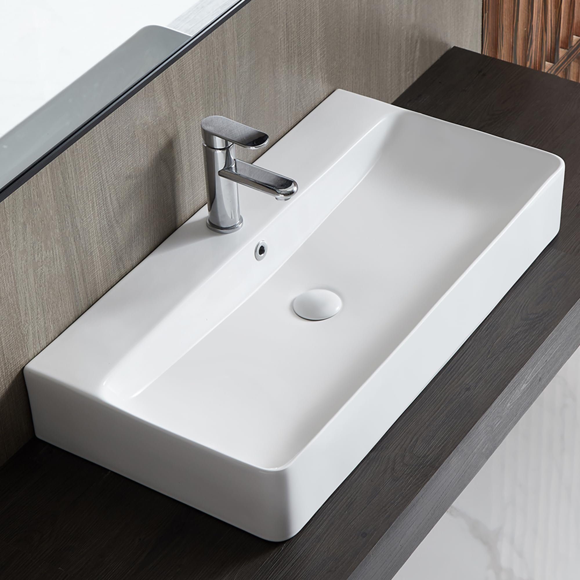 Bathroom Vessel Sink, Eridanus 32" x 16" Rectangular Ceramic Wall Mount ...