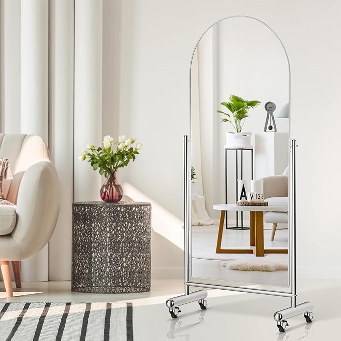 Amazon.com: AISUNDY Full Length Mirror on Wheels 65"x23", Sleek Arched ...