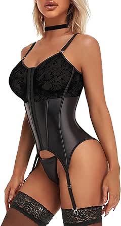 Conjunto de lencería sexy de encaje para mujer con liguero, body de peluche y bragas : Amazon ...