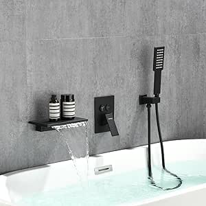 VANFOXLE Push-Button Waterfall Bathtub Faucet Set with Sprayer Wall ...