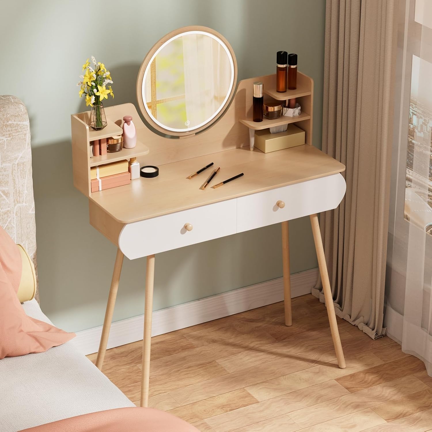 Amazon.com: Makeup Vanity Desk with LED Lighted Mirror, Small Modern ...
