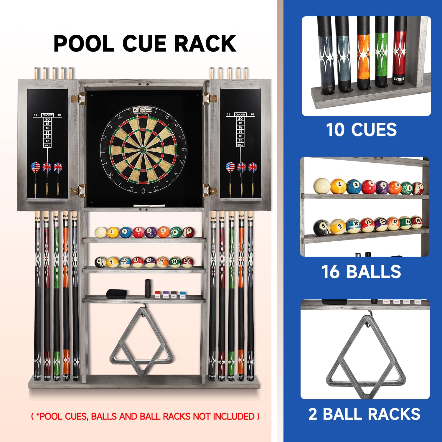 GSE 10 Billiard Pool Cue Rack & Dart Board Cabinet Combination, Wall ...