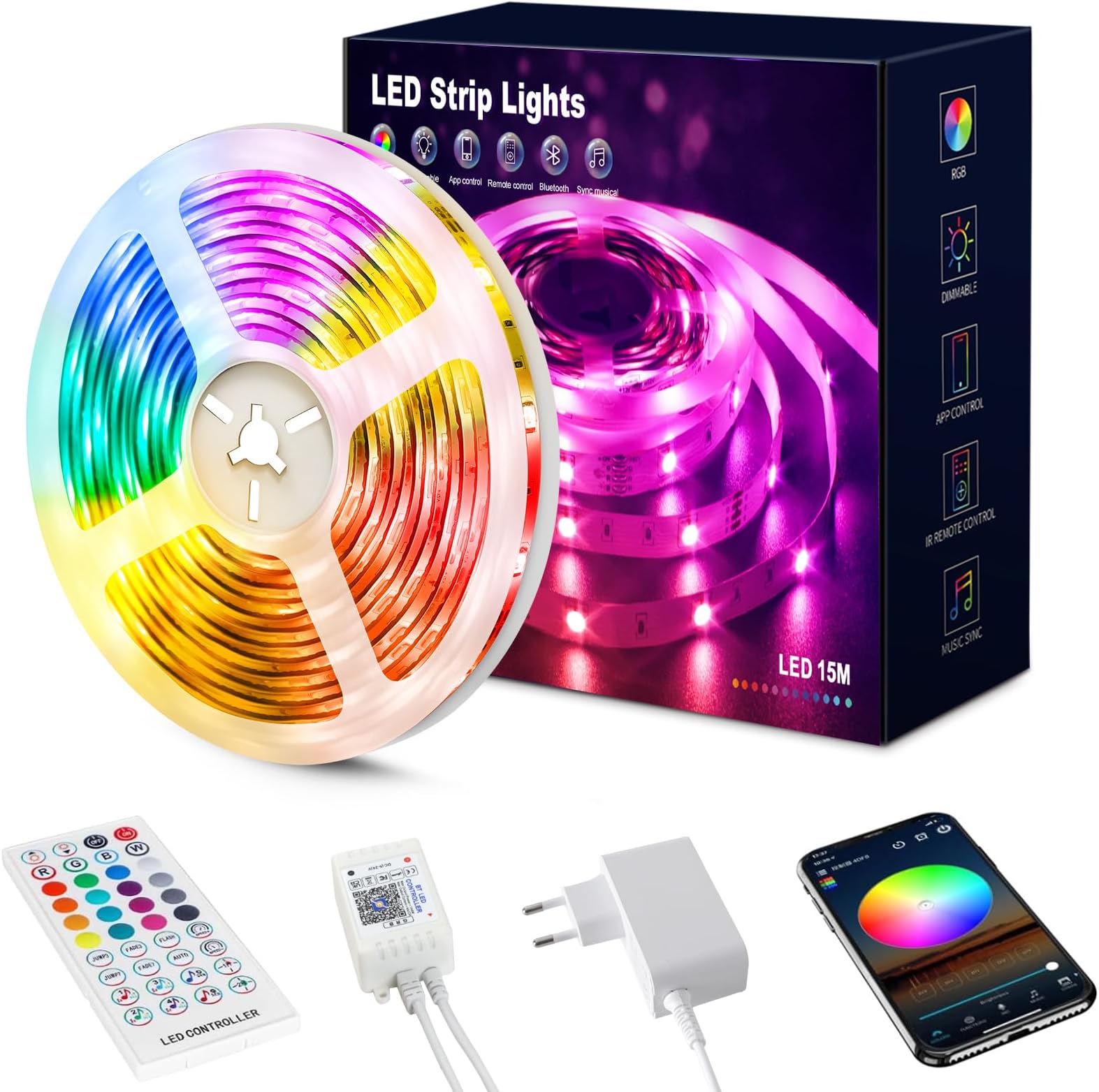 AOGUERBE LED Striscia 15M, Intelligente Led Strisce con 44 Tasti ...