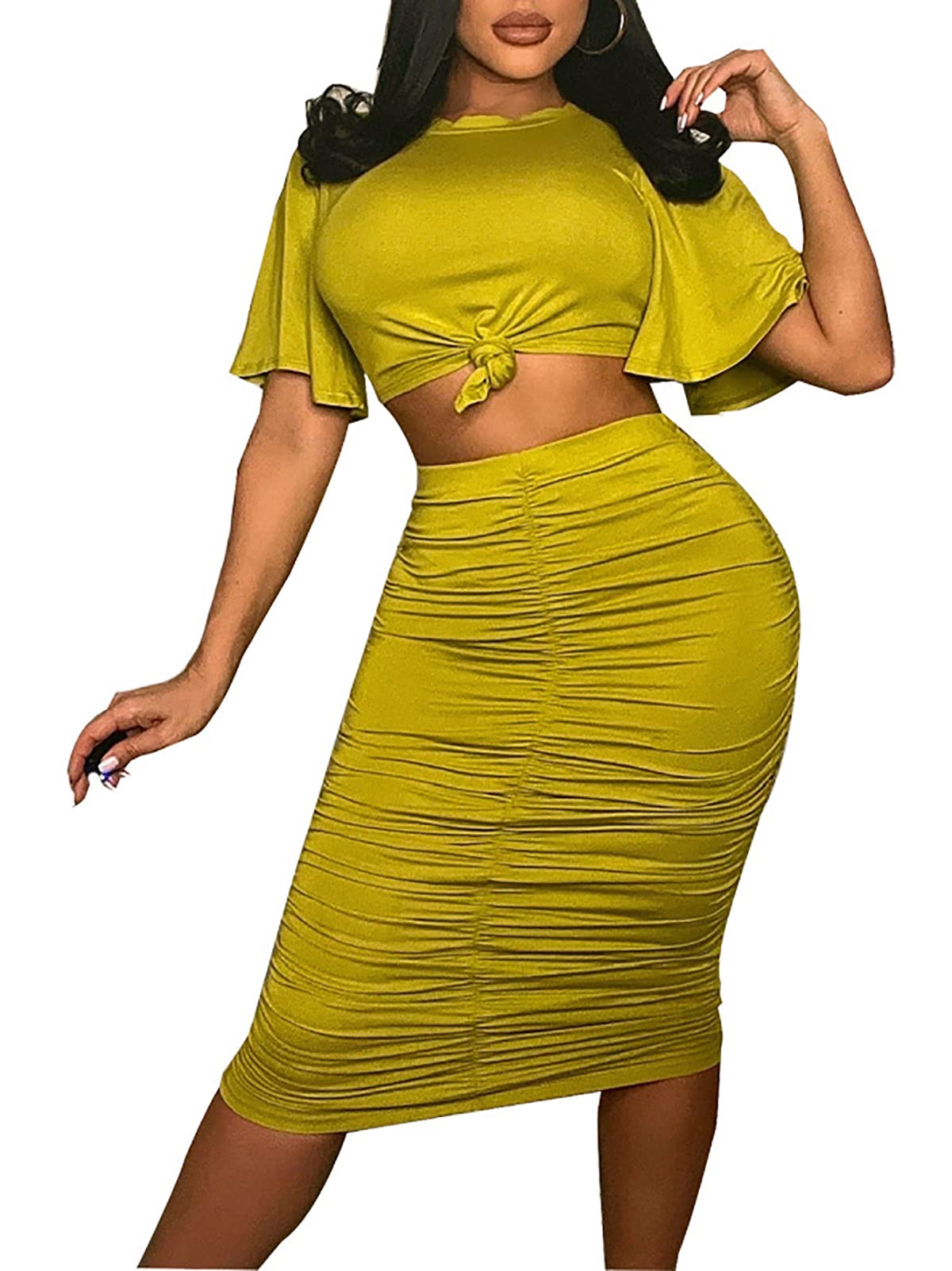 Rimhold Women's 2 Piece Skirt Sets Ruffle Short Sleeve Crop Top and ...