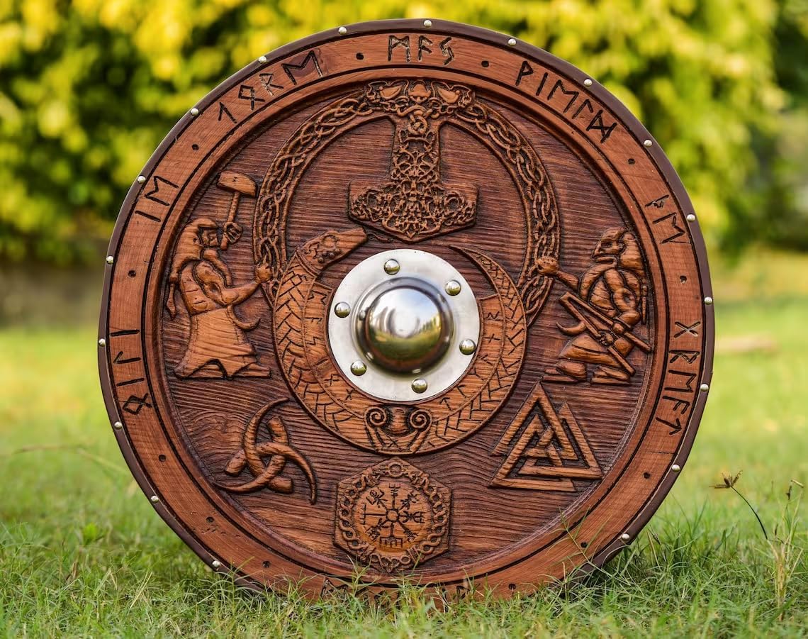 Amazon.com: 24 inches Length | Medieval Viking Shield | Viking Wall Art Decor | Mjolnir Carved ...