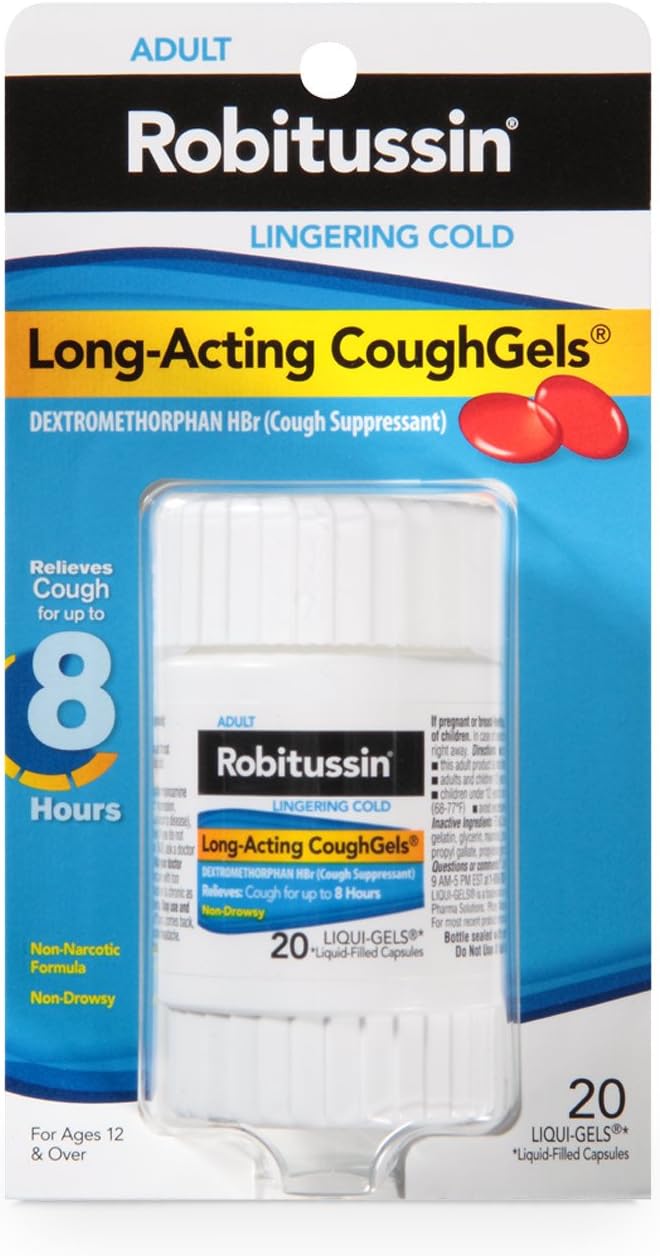 Amazon.com: Robitussin Adult Long-Acting CoughGels (20 Count), 8-Hour ...